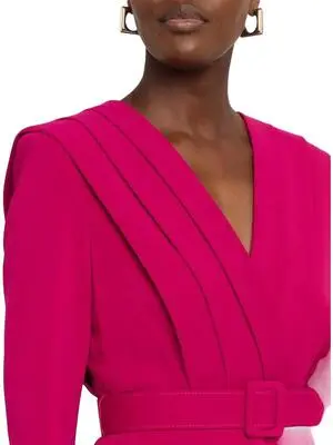 Badgley Mischka Stretch Crepe Belted V-neck Midi-dress - Raspberry