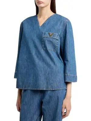Valentino Garavani V-logo 3/4-sleeve Shirt - Denim