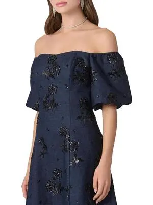 Shoshanna Mona Sequined Denim Off-the-shoulder Dress - Denim/jet