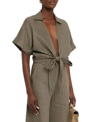 JBQ Chiara Tie-front Linen Top - Moss