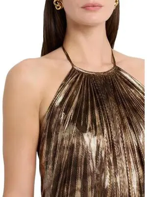 Halston Maxine Pleated Metallic Jersey Halter Gown - Copper