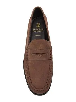 Brunello Cucinelli Apos;s Suede Moc-toe Penny Loafers - Mud