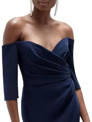 Amsale Stretch Crepe Off-the-shoulder Gown - Navy