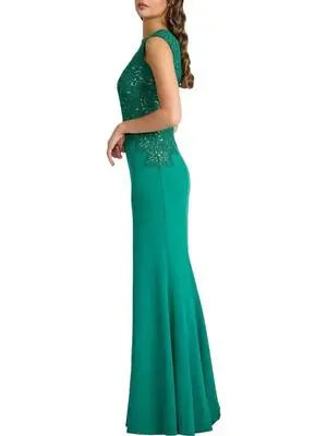 Tadashi Shoji Gant Sleeveless Embroidered Crepe Gown - Emerald