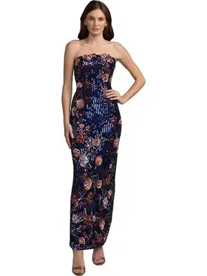 MAC DUGGAL Midnight Multi Floral Embellished Strapless Column Dress