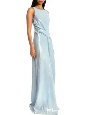 KATE BARTON Kate Draped Sequin Column Gown - Light Blue