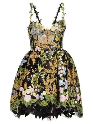 Oscar De La Renta Mixed Botanical Embroidered Tulle High-low Bustier Dress - Multi