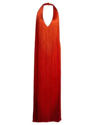 Oscar De La Renta Sleeveless Fringed Plunging Halter Gown - Paprika