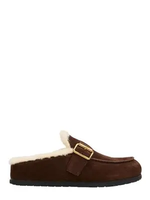 Prada Shearling-lined Suede Buckle Clogs - Moro