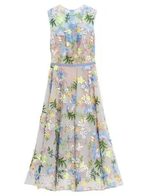 BRONX BANCO Saba Beaded Floral Applique Midi Dress - Blue Multi