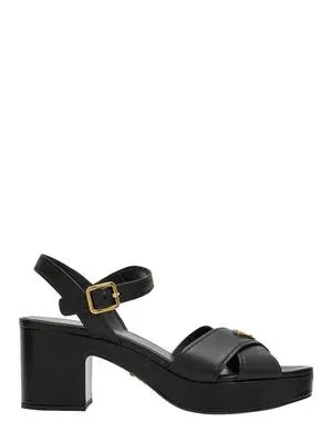 Prada 65mm Triangle Logo Crisscross Leather Platform Sandals - Nero