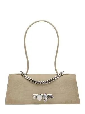 Alexander McQueen Jewelled Croc-embossed Suede Top-handle Bag - Putty/silver
