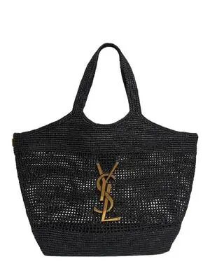 Saint Laurent Icare Medium Crochet Raffia Tote Bag Nero
