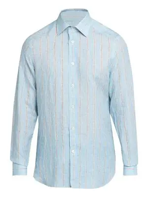 Kiton Linen Stripe Button-down Shirt With Mother-of-pearl - Navy