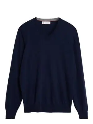 Brunello Cucinelli Cashmere Classic Fit V-neck Sweater Navy