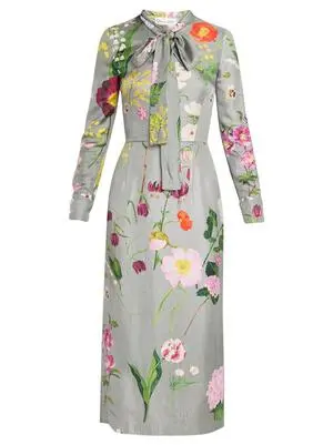 Oscar De La Renta Long-sleeve Mixed Botanical Silk Scarf-neck Midi Dress - Grey Multi