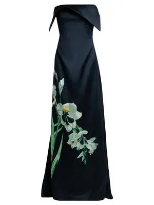 Erdem Floral Duchess Satin Strapless Gown - Navy Multi