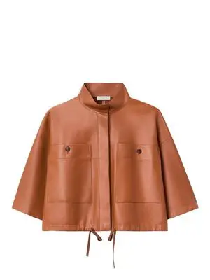 Lafayette 148 New York Oversized Cropped Leather Shirt Jacket - Copper