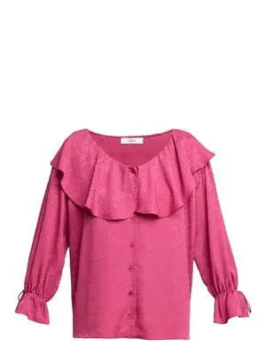 Chloé Ruffle Floral Silk Jacquard Button-front Top - Dark Ruby