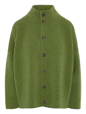 Eskandar 3/4 Width High Neck Cardigan- Mid Length - Limedark