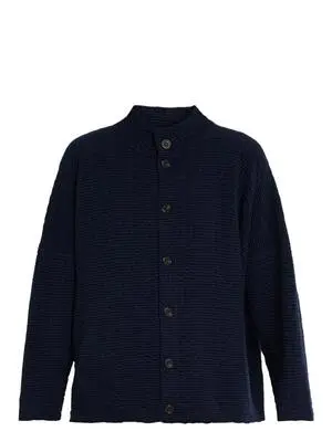 Eskandar 3/4 Width High Neck Cardigan- Mid Length - Navy