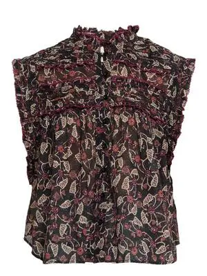Isabel Marant Étoile Dersia Floral Ruffled Cotton Button-front Top - Black/raspberry