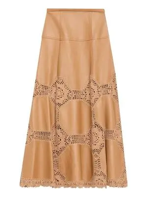 Ulla Johnson Izra Crochet & Leather Midi Skirt Camel