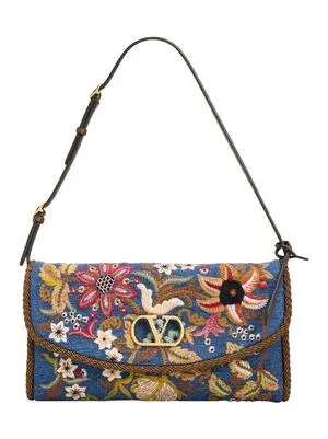 Valentino Garavani Devain Small Embroidered Denim Shoulder Bag - Multi