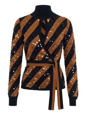 Diane Von Furstenberg Jones Striped Paillette Wrap Top Tabacco/black