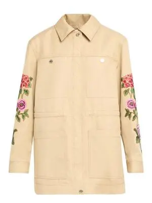 Carolina Herrera Floral Embroidered Cotton Twill Zip Utility Jacket - Birch
