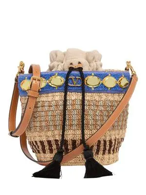 Valentino Garavani Small Viscose Raffia Beaded Bucket Bag - Multi