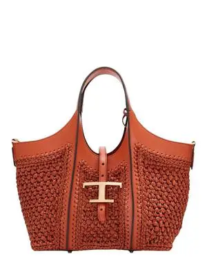 TOD'S Small T Timeless Raffia & Leather Shopping Bag
