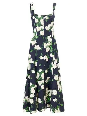 Carolina Herrera Sleeveless Square-neck Rose-print Paneled Midi Dress - Midnight Multi