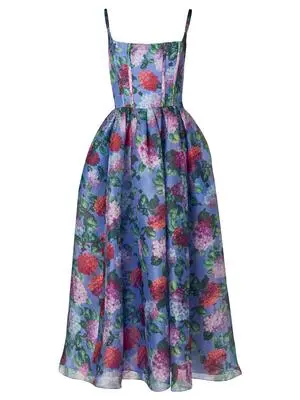 Carolina Herrera Hydrangea-print Silk Organza Fit-and-flare Midi Dress - Isle Blue Multi