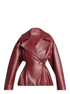 Balenciaga Pleated Leather Short Peplum Trench Coat - Flame
