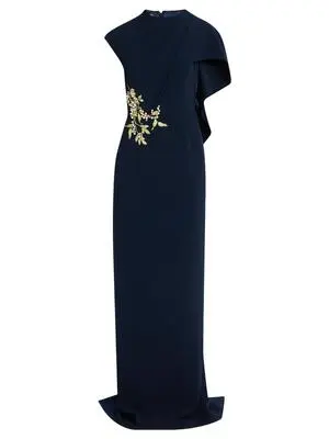Rickie Freeman For Teri Jon Floral-embroidered Asymmetric Capelet Gown - Navy
