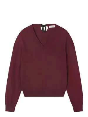 LANVIN V-neck Merino Sweater With Grosgrain Detail - Red