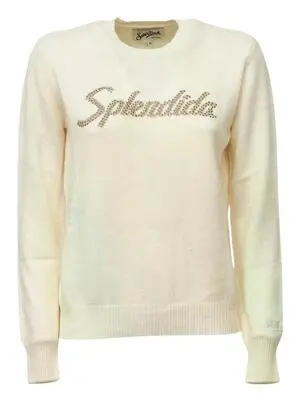 MC2 SAINT BARTH Off White New Queen Crewneck Sweater Knit With Splendida Rhinestone Embroidery - Neutrals