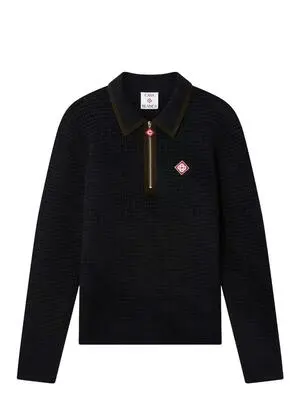 Casablanca Navy Wool Waffle Stitch Long-sleeve Polo Shirt - Blue