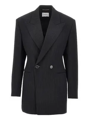 Saint Laurent Pinstriped Wool-blend Double-breasted Jacket - Black