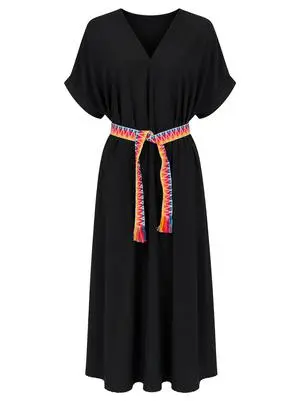 CONQUISTA Contrast Belt Midi Dress