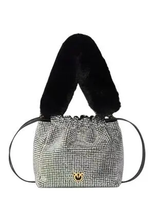 Pinko Fully Rhinestoned Shoulder Bucket Bag With Fur-effect Shoulder Strap - Silver