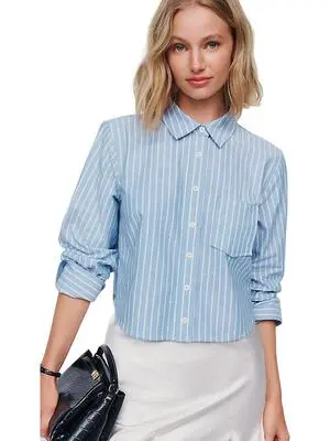 Maeve Merritt Cotton Stretch Cropped Buttondown Shirt - Blue Stripe