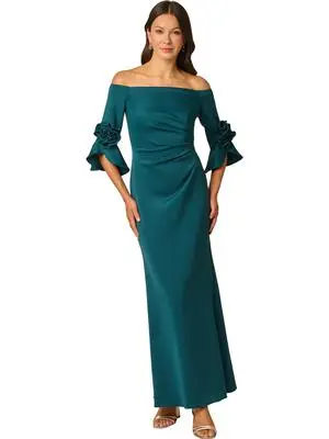 ADRIANNA PAPELL Off Shoulder Bell Sleeve Rosette Gown In Hunter