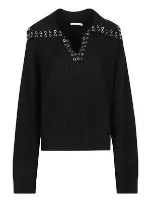 Patrizia Pepe Eyelet Polo Neck Knitted Sweater - Black