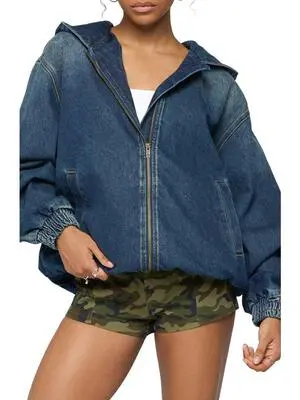 EDIKTED Hooded Vintage Wash Denim Bomber Jacket - Medium-blue