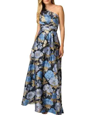 Adrianna Papell One-shoulder Floral Jacquard Gown - Navy/blue Multi