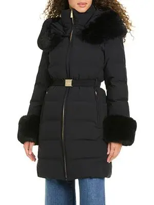 Kate Spade New York Belted Puffer Coat With Removable Faux Fur Trim - Black