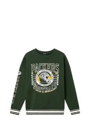 Junk Food Green Bay Packers Oversize Striped Rib Fleece Crewneck Sweatshirt - Hunter