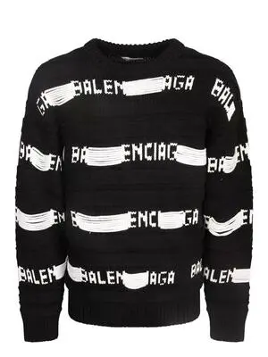 Balenciaga Logo-intarsia Distressed-effect Sweater - Black